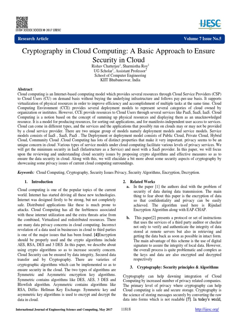 .Cryptography in Cloud Computing A Basic Approach To Ensure Security in ...