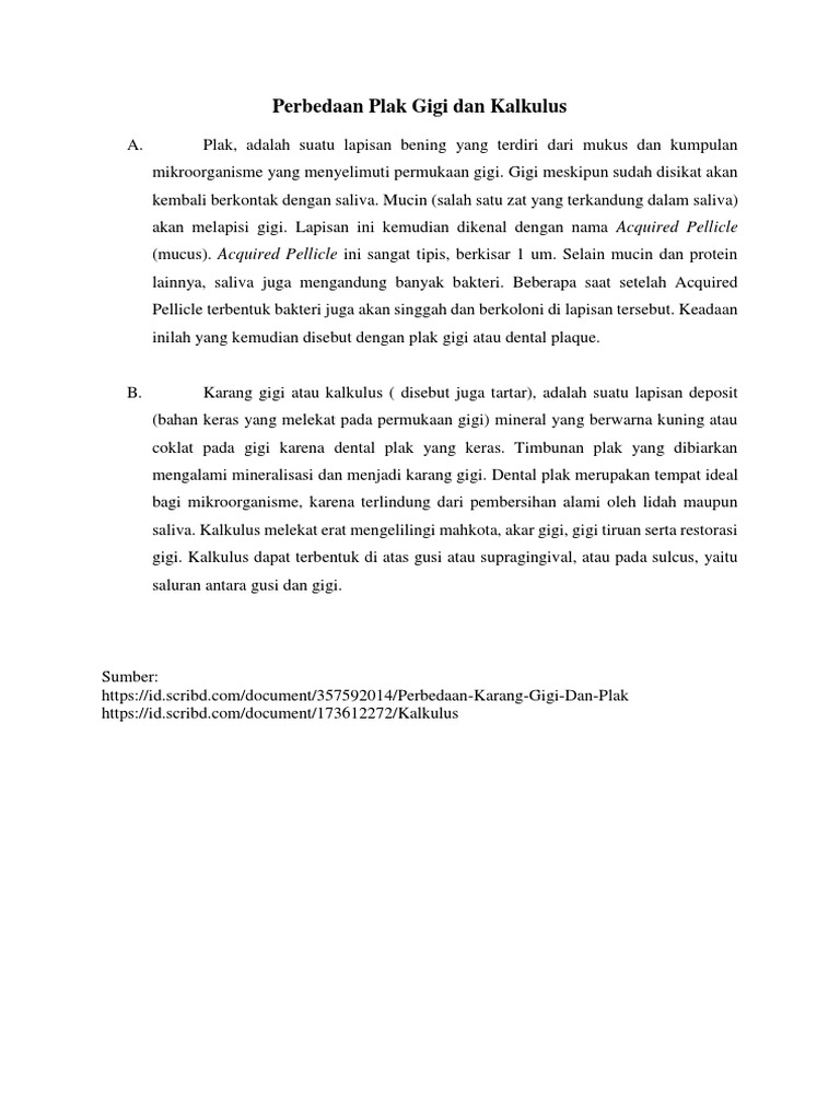 Perbedaan Plak Gigi Dan Kalkulus | PDF