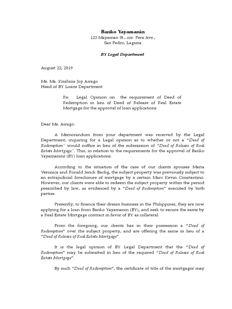 Deed of Redemption Opinion | PDF | Mortgage Law | Deed