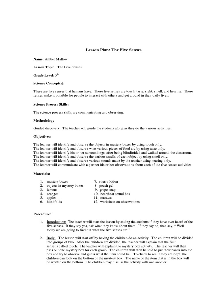 Five Senses Lesson Plan | PDF | Senses | Lesson Plan