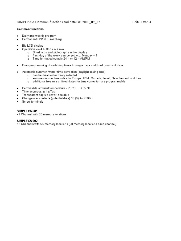 SIMPLEXA 601 - Datasheet | PDF | Switch | Incandescent Light Bulb