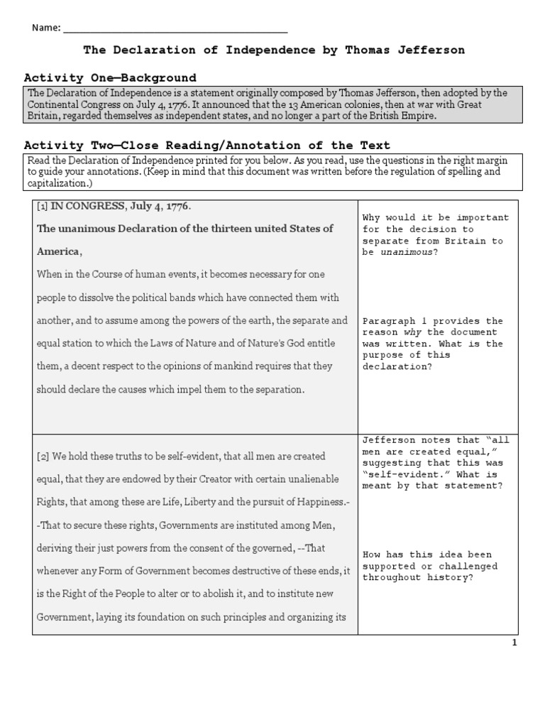 AP GoPo DoI Declaration of Independence Reading and Annotation | PDF ...