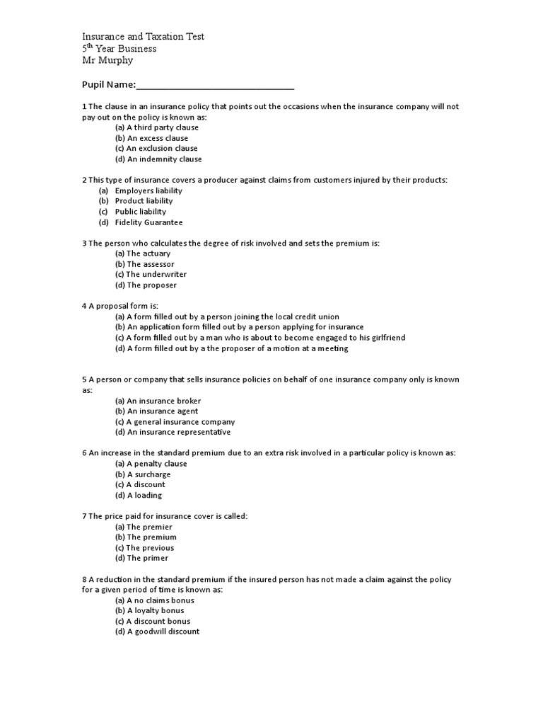 MCQ Insurance and Tax Test | PDF | Liability Insurance | Taxes