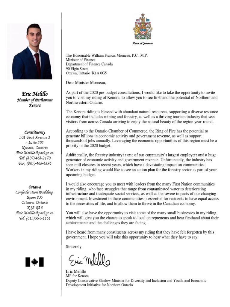 Eric Melillo - 2020 Pre-Budget Consultations - Invitation To Minister ...