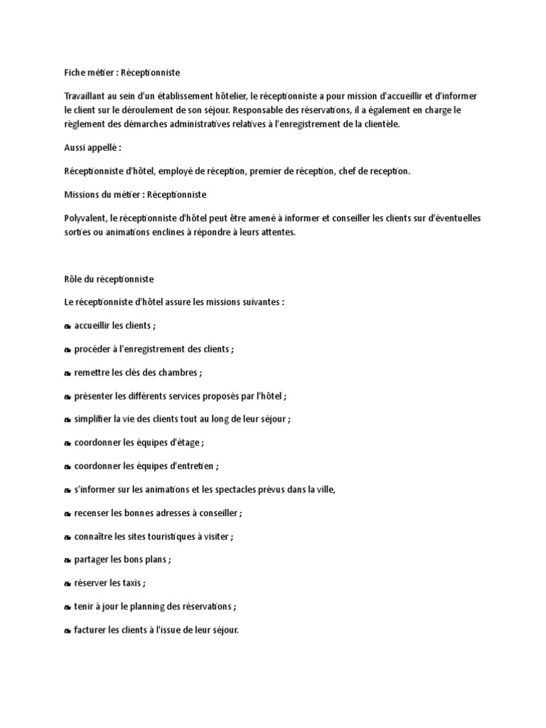 Fiche Métier Réceptionniste Hôtel – BTMPSP