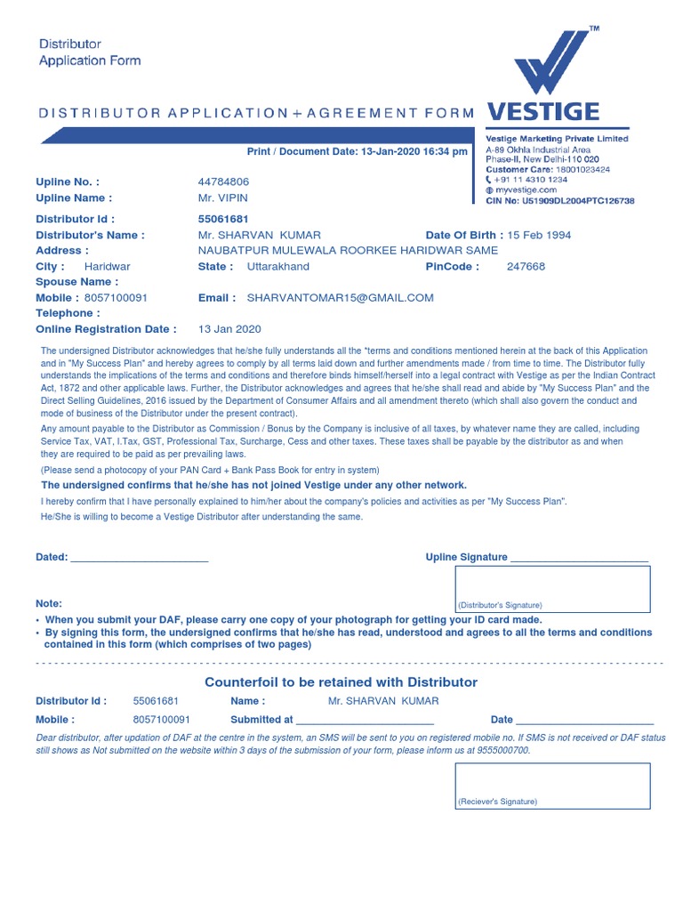 Vestige Distributor Application Form | PDF | Value Added Tax | Common Law