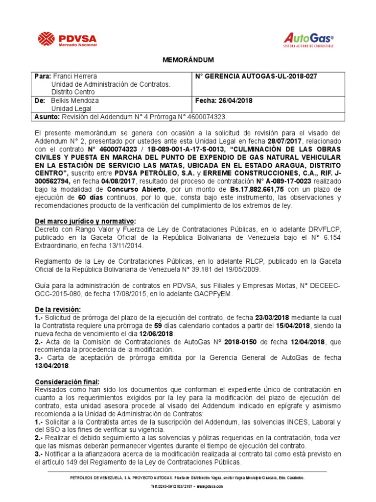Autogas Legal Modelo Addendum Dentro Del Lapso Prorroga | PDF | Gobierno