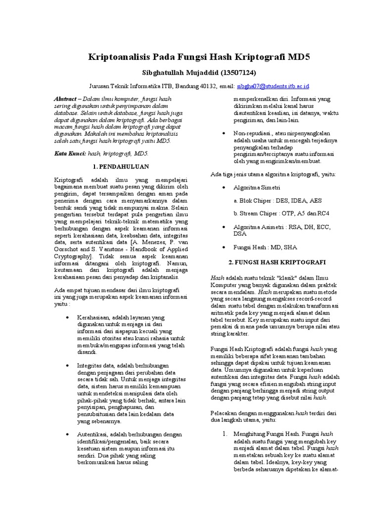 Kriptoanalisis Pada Fungsi Hash Kriptografi MD5 | PDF