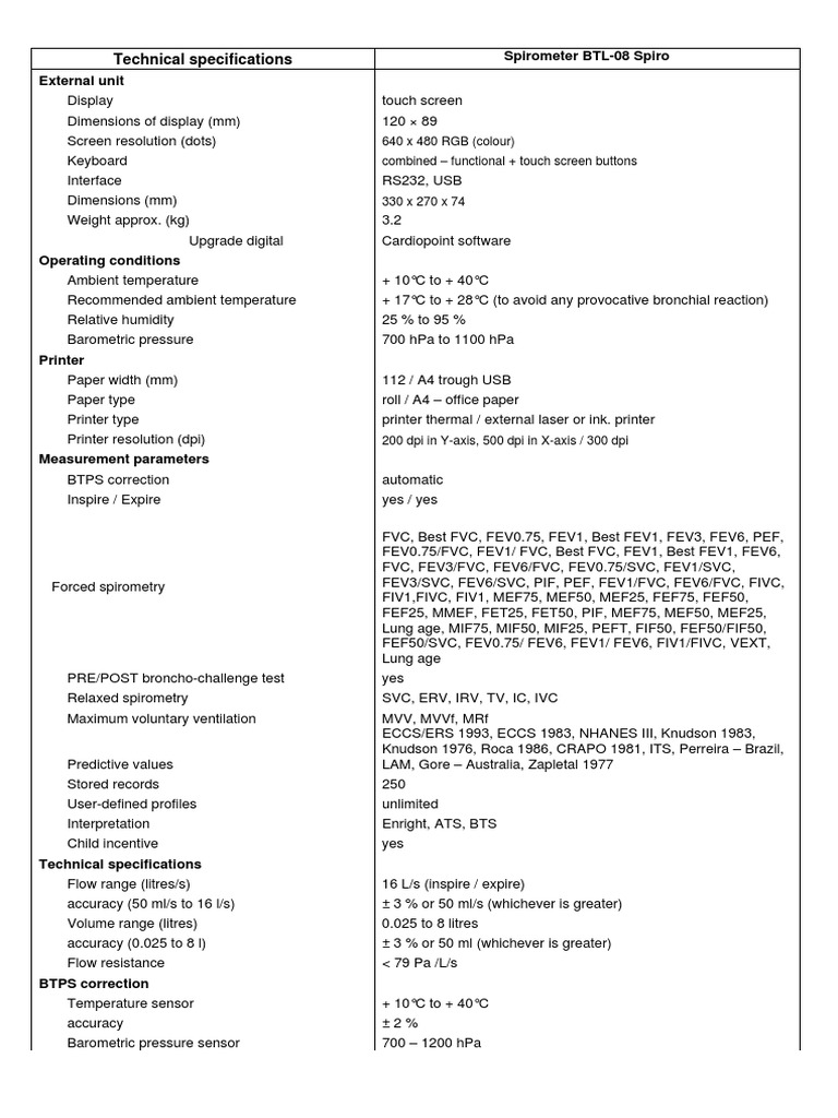 Spesifikasi Spirometer BTL-08 Spiro | PDF | Electrical Engineering ...