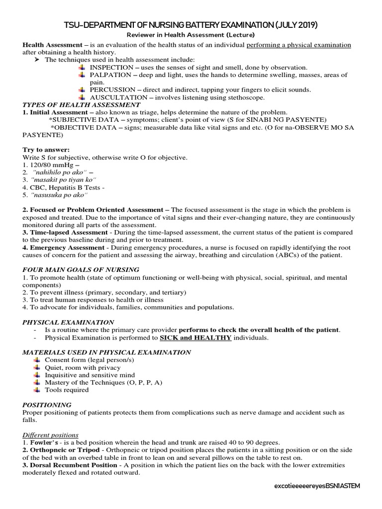 Reviewer in Health Assessment (Lecture) - Battery Examination 2019 ...