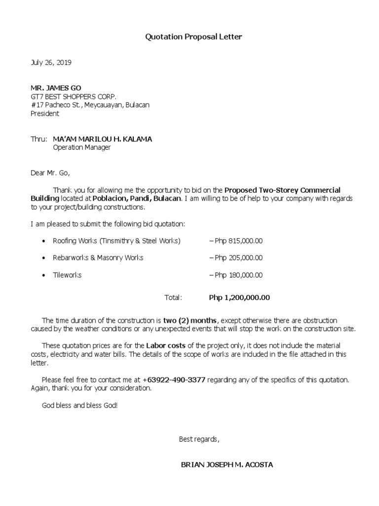 QUOTATION PROPOSAL LETTER (2-Storey Commercial Building Poblacion ...