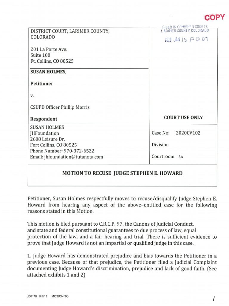 Susan Holmes Judge Recusal Motion | PDF