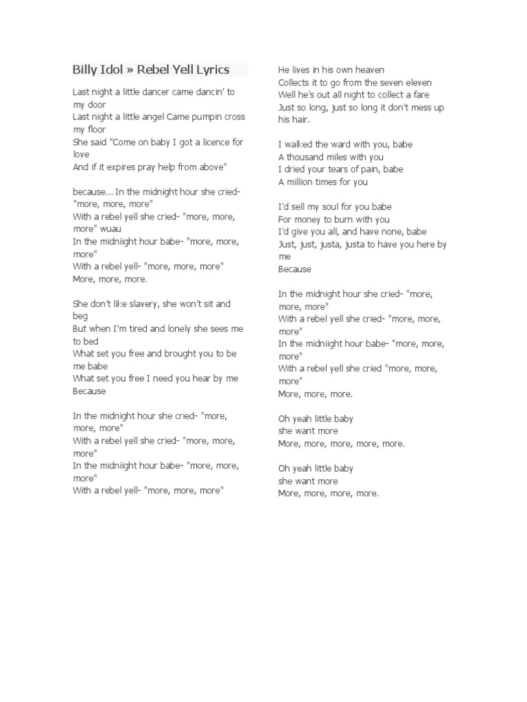 Billy Idol Rebel Yell Lyrics | PDF