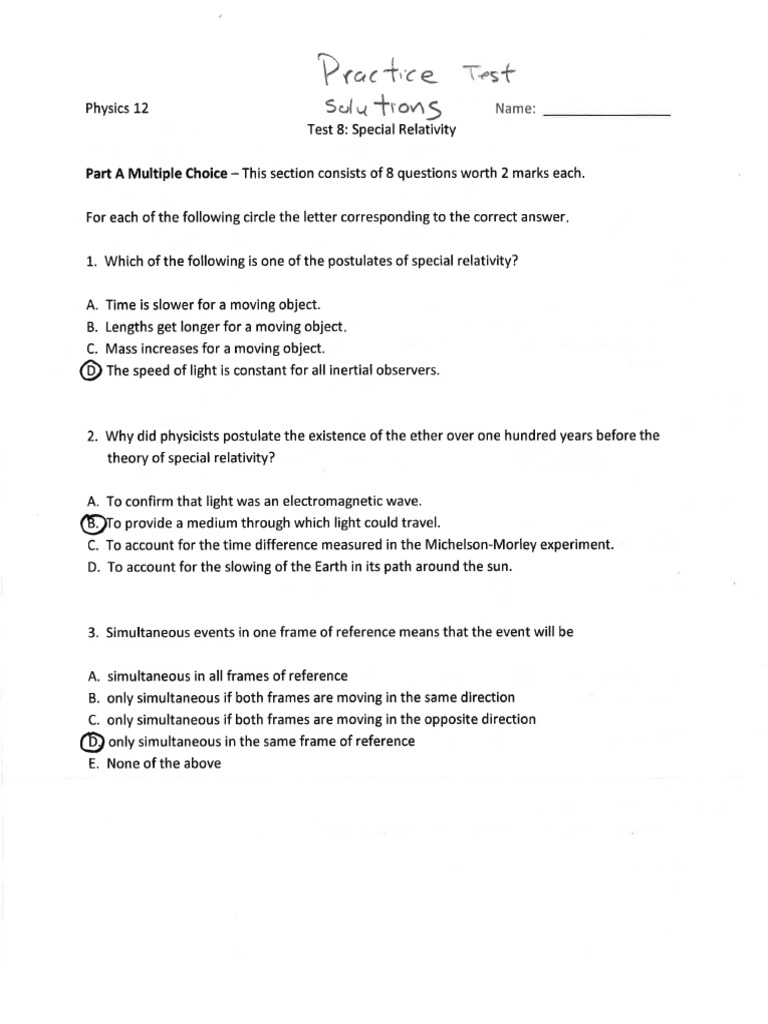 Physics 12 Relativity Practice Test Solutions | PDF