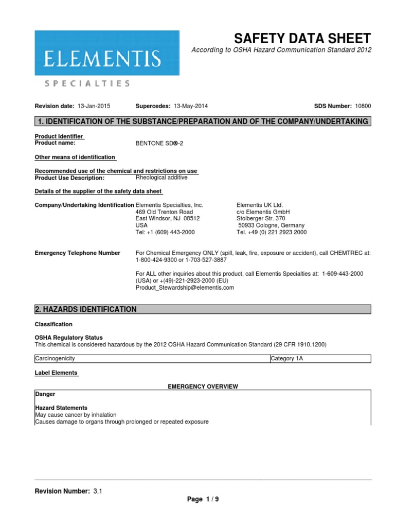 Bentone SD-2 Safety Data Sheet | PDF | Electrostatic Discharge | Combustion