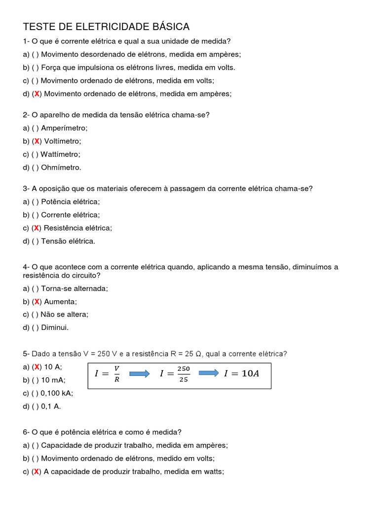 Teste de Eletricidade Básica | PDF | Corrente elétrica | Eletricidade
