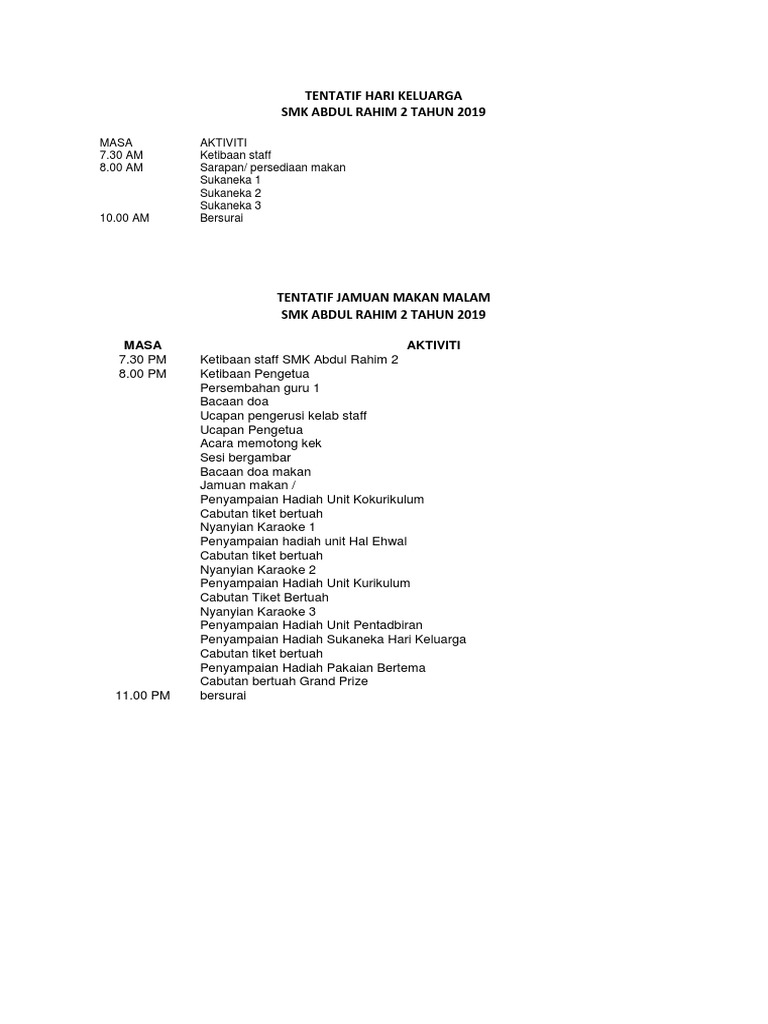 Tentatif Hari Keluarga | PDF