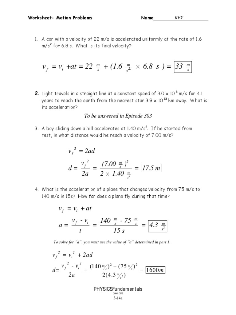 3-14a B - Motion Problems Wkst-Key | PDF | Acceleration | Velocity