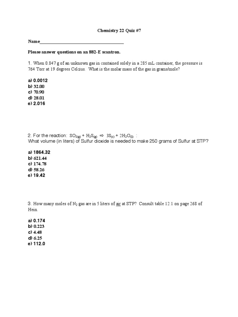 Chemistry 22 Quiz #7: Gas Laws & Molar Mass | PDF