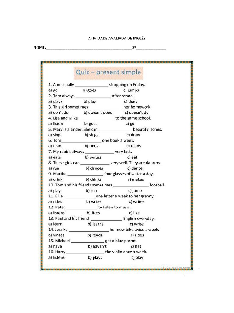 8º ANO SIMPLE PRESENT | PDF