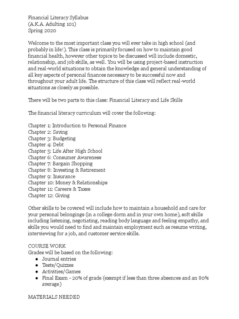 Financial Literacy Syllabus Pdf Financial Literacy Literacy