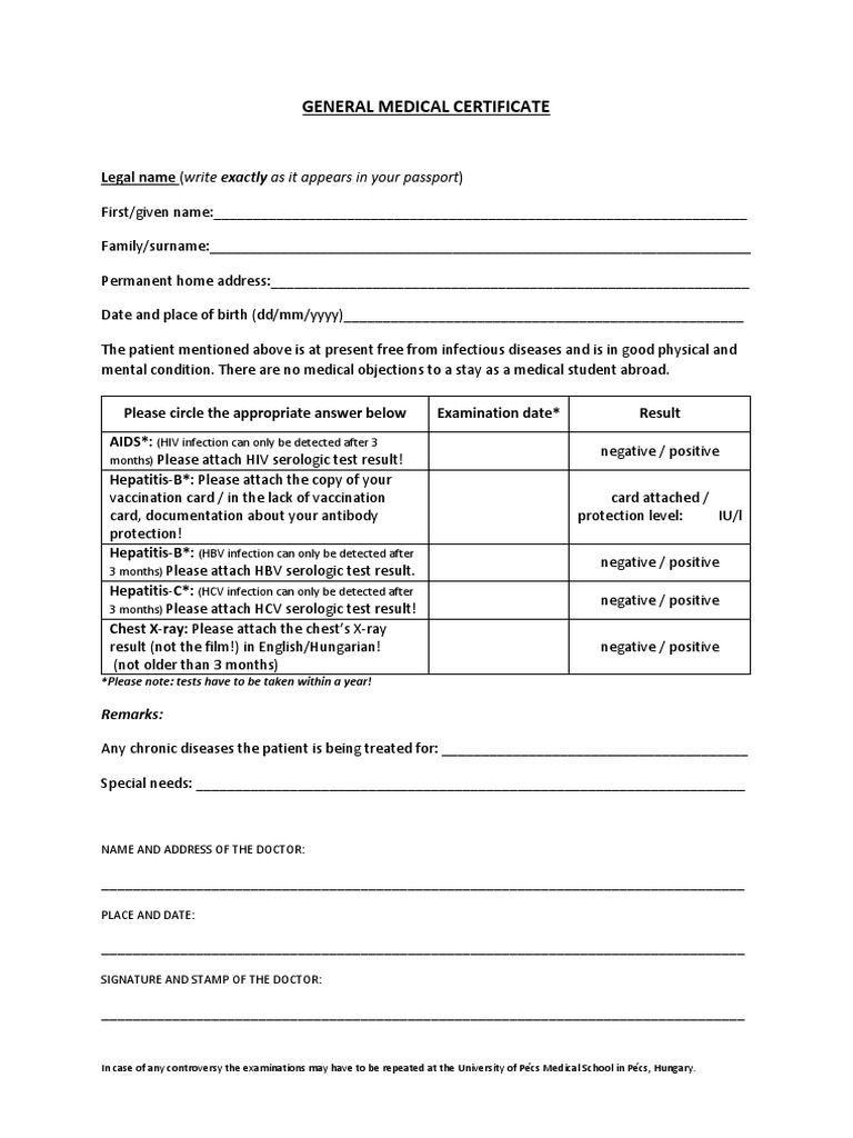 General Medical Certificate | PDF | Hepatitis C | Infection