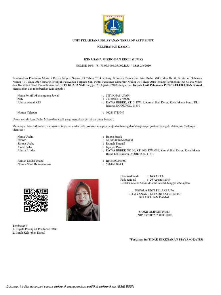 Contoh Izin Usaha Mikro Kecil IUMK | PDF