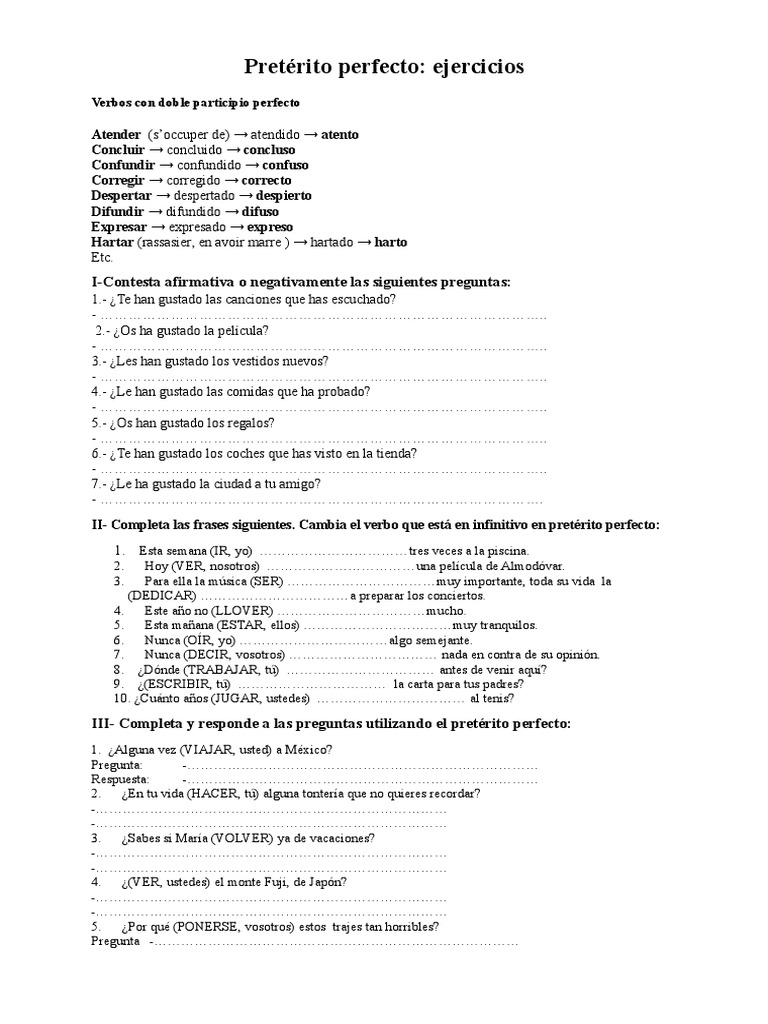 Ejercicios de Pretérito Perfecto | PDF | Artes del Lenguaje y ...