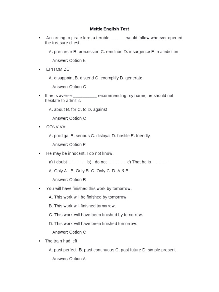 Mettl English Test Sample Questions | PDF | Home & Garden | Art