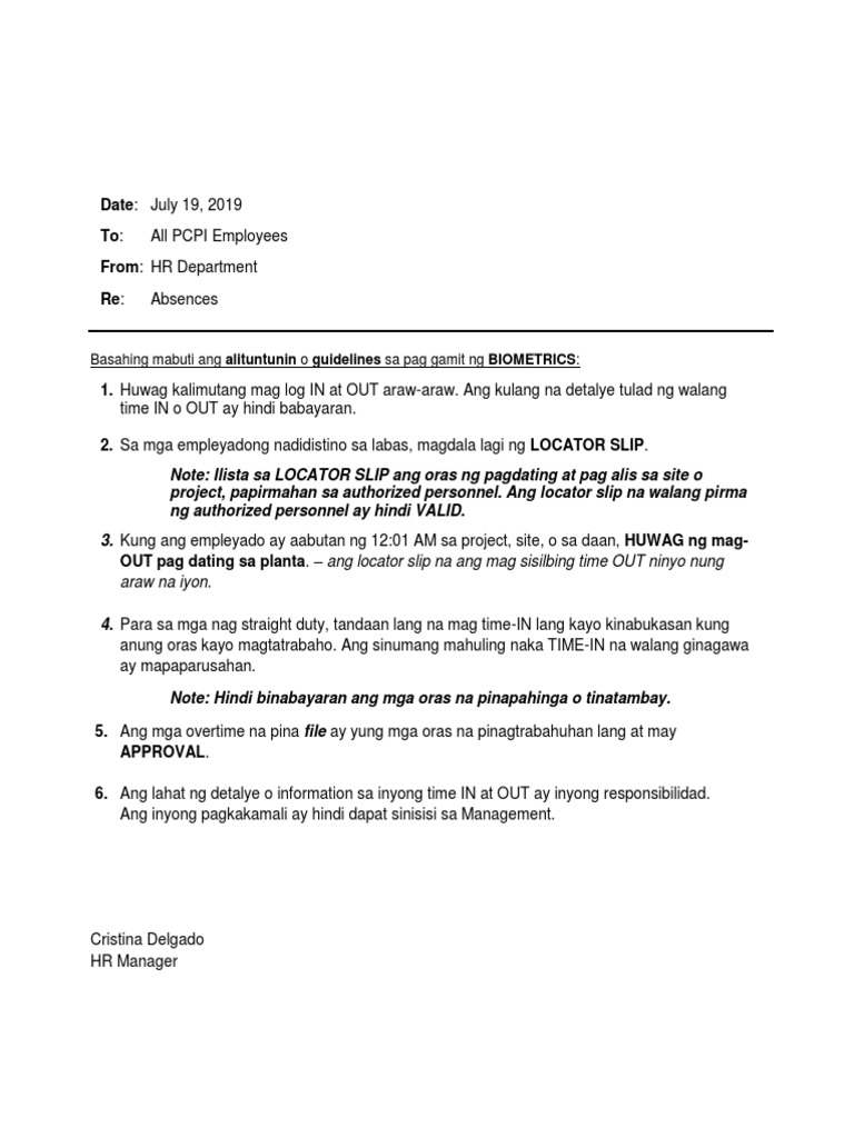 Sample Memo On Absences | PDF