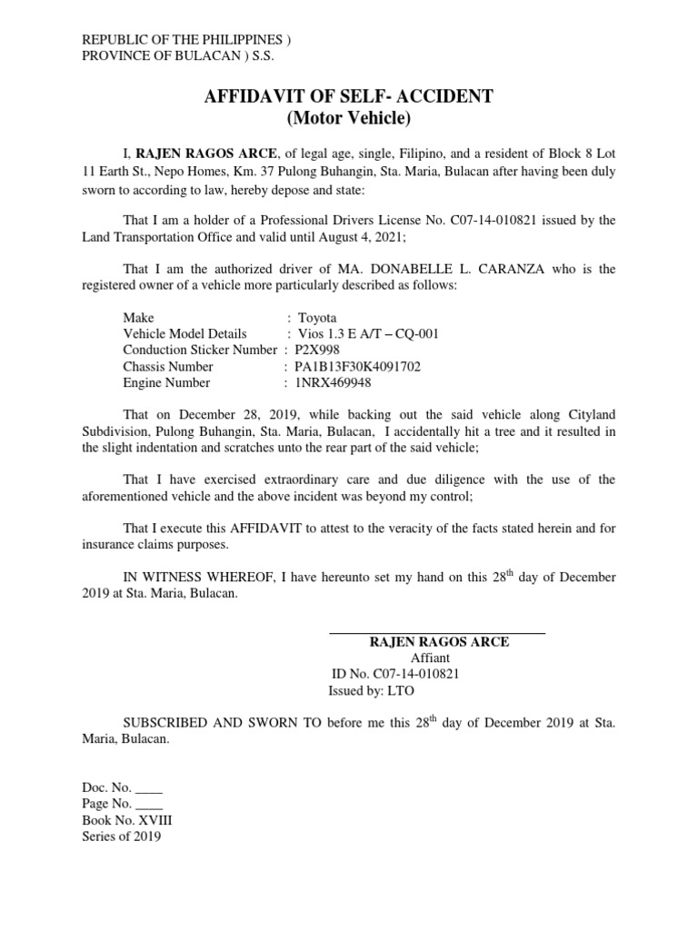 Affidavit of Self-Accident for Insurance | PDF