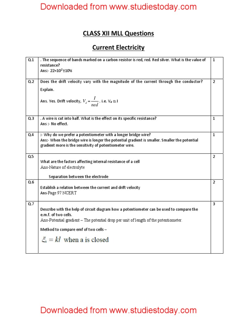 CBSE Class 12 Physics Important Questions-Current Electricity | PDF ...