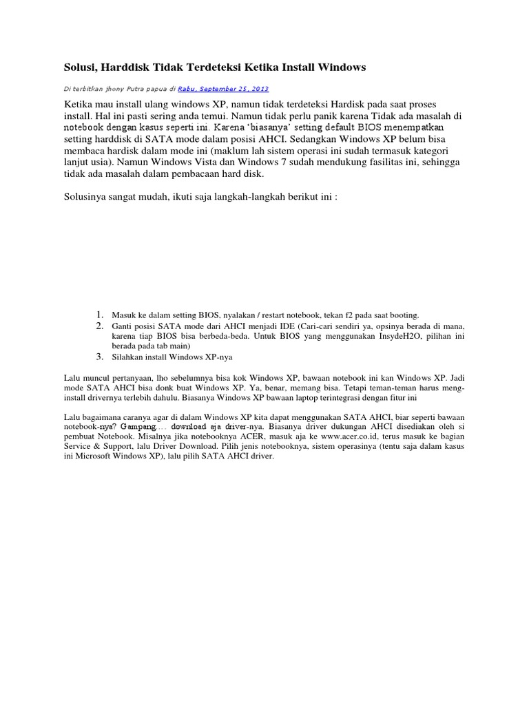 Solusi Harddisk Tidak Terdeteksi Ketika Install Windows | PDF