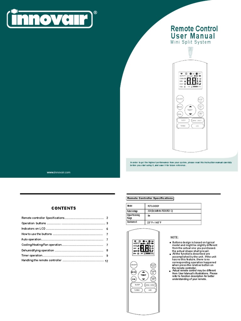 Innovair New Remote Control Manual English 1 | PDF | Electromagnetic ...