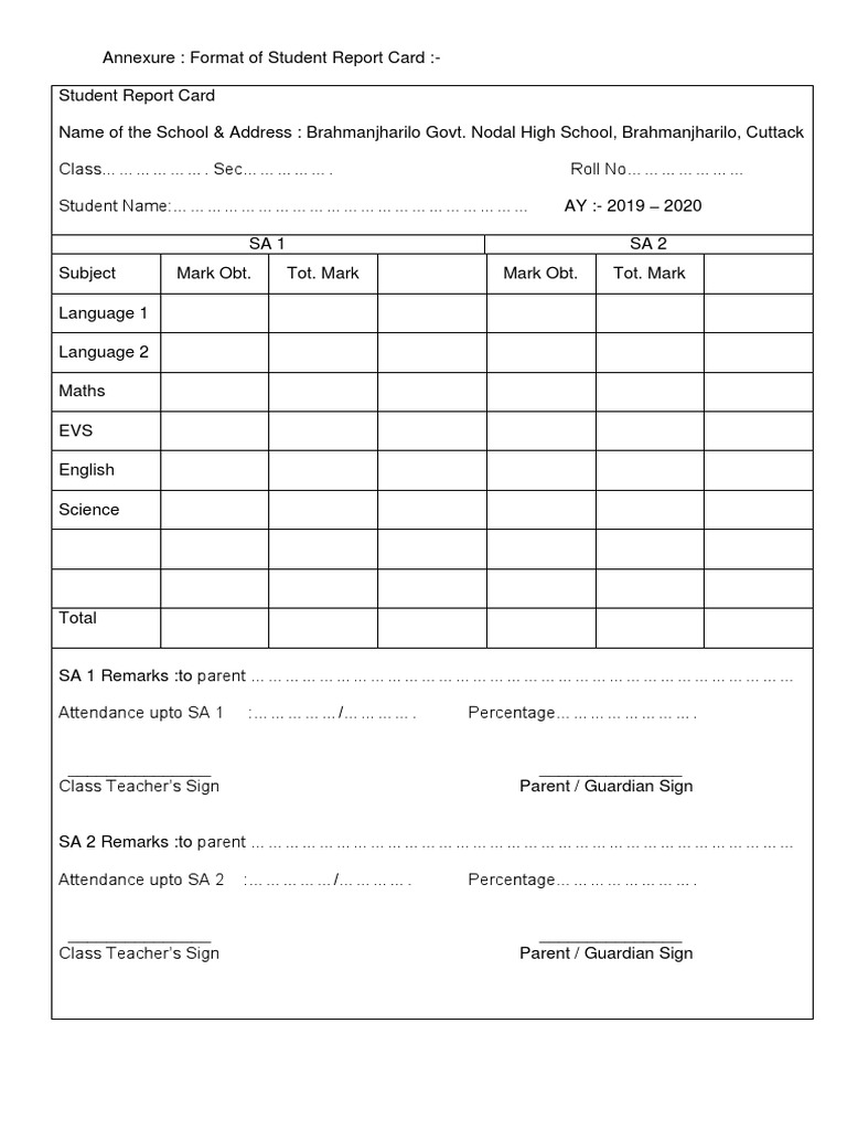 Format For Student Report Card | PDF