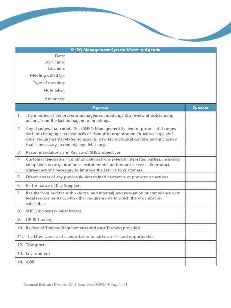 SHEQ Management System Meeting Agenda Sample | PDF