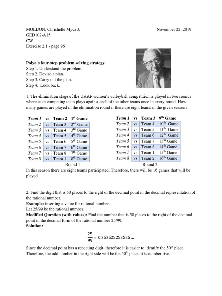 Polya's 4-Step Problem Solving Used to Solve Word Problems Involving ...