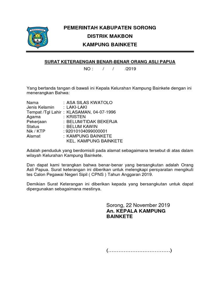 Surat Keterangan Benar Asli Papua | PDF