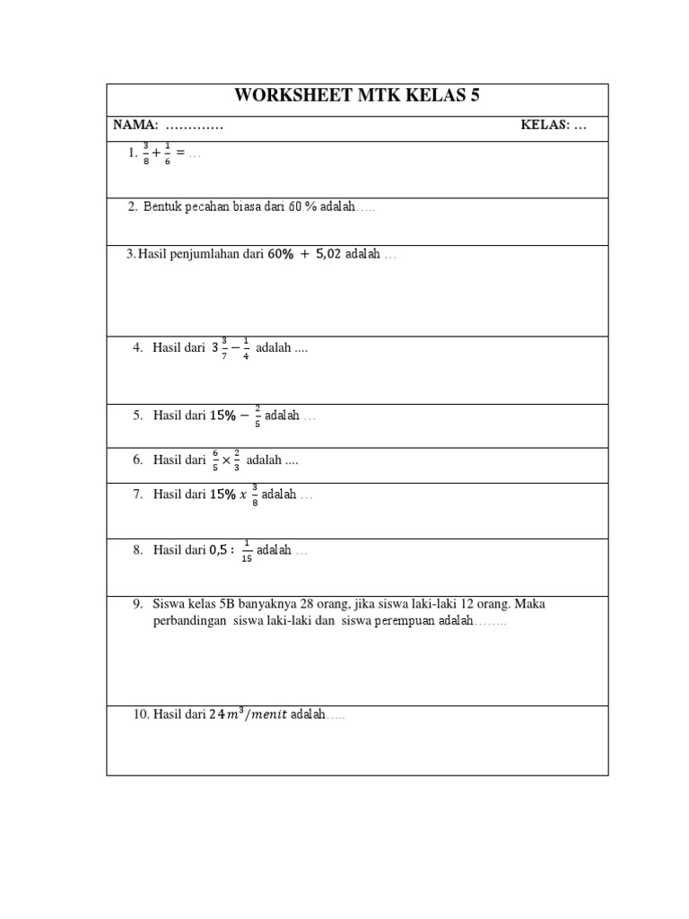 Worksheet MTK Kelas 5 | PDF