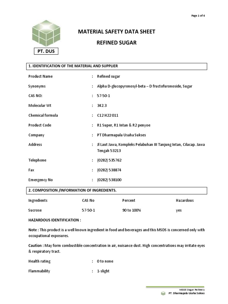 Safety Data Sheet for Refined Sugar: Handling, Storage, Health Effects ...