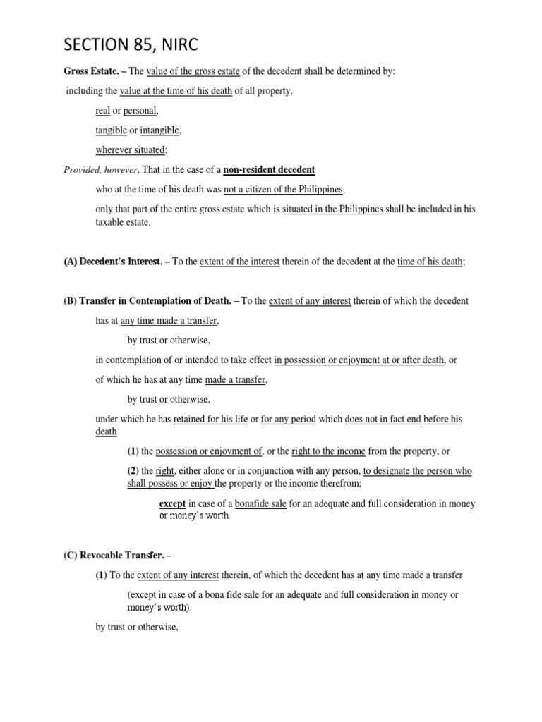 SECTION 85, NIRC - Gross Estate | PDF | Trust Law | Common Law