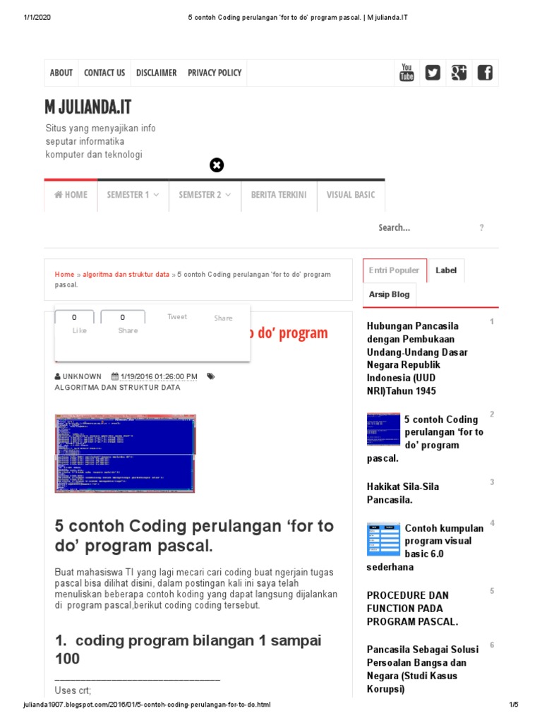 5 Contoh Coding Perulangan For To Do' Program Pascal. - M Julianda - IT ...