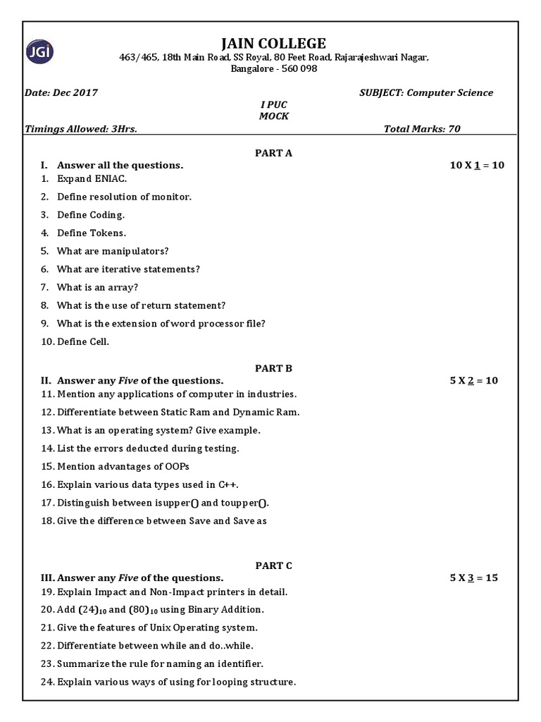Karnataka I PUC Computer Science Sample Question Paper 1 PDF | PDF ...