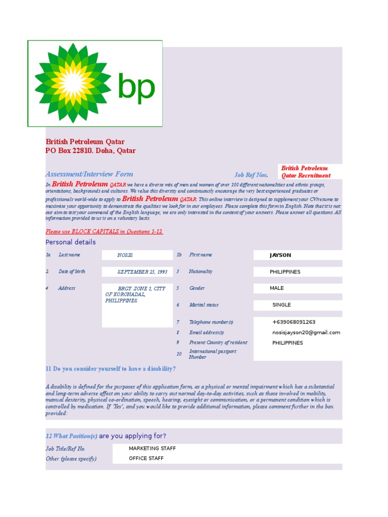 BP Qatar Job Application Form | PDF | Employment | Qatar