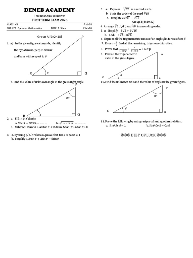 FT Class 7 Opt Maths 2076 | PDF | Space | Numbers