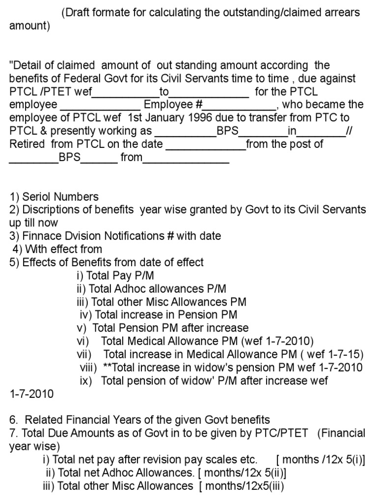 Draft Formate For Calculating Claimed Amount For Increase of Pennsions ...