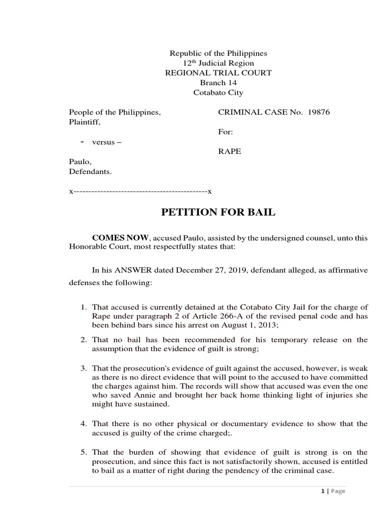 Petition For Bail | PDF | Bail | Prosecutor