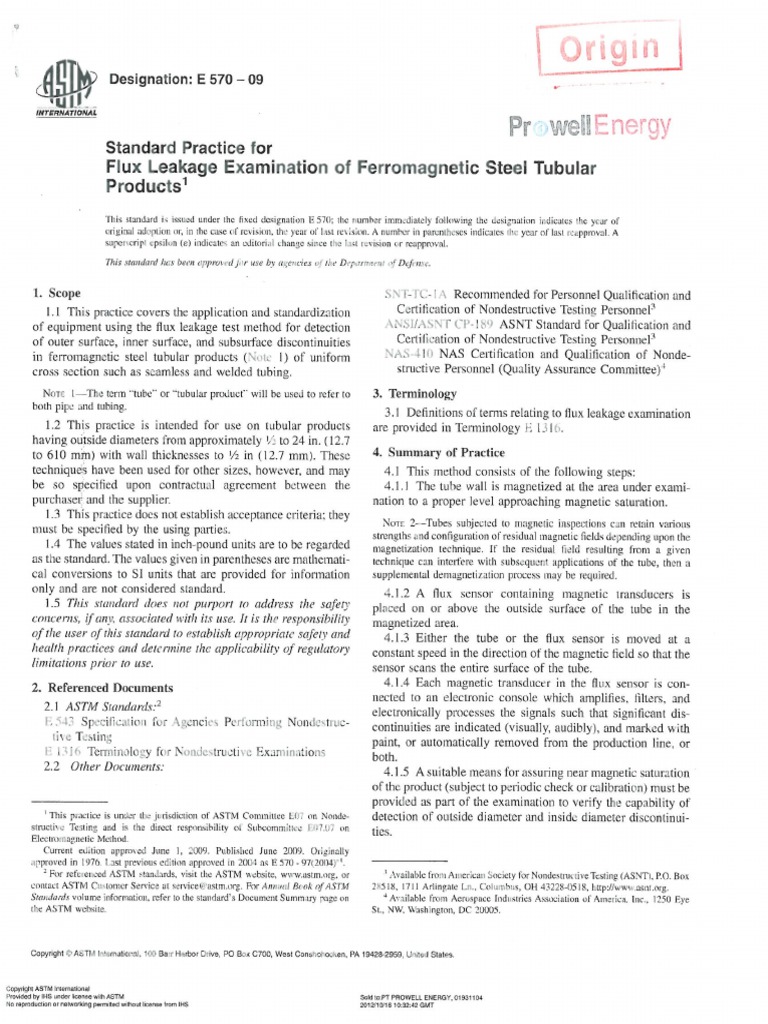 ASTM E570-09 - Standard Practice For Flux Leakage Examination of Ferromagnetic Steell Tubular ...