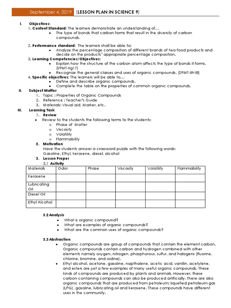 Grade 9 Lesson Plan: Organic Compounds | PDF | Chemical Compounds | Ethanol