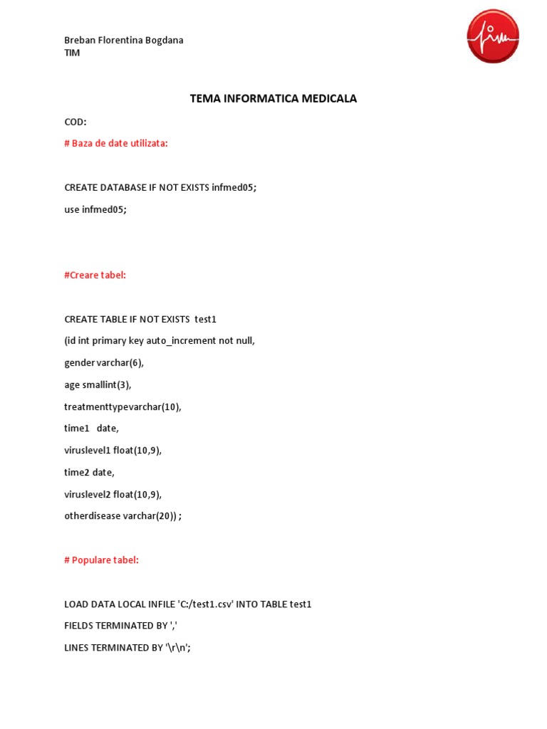 Tema Informatica Medicala | PDF | Data | Information Science